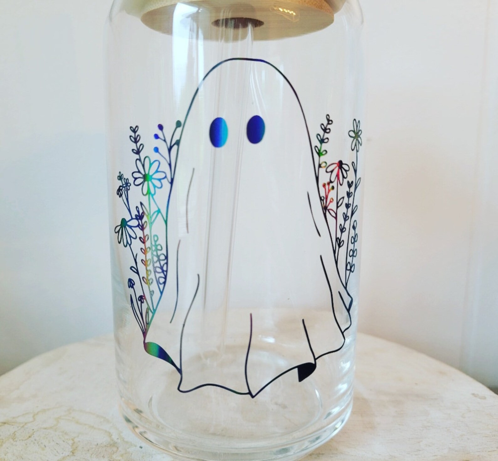 Ghost With Wildflowers-glass Can- Halloween- Iced Coffee Glass- Glass ...