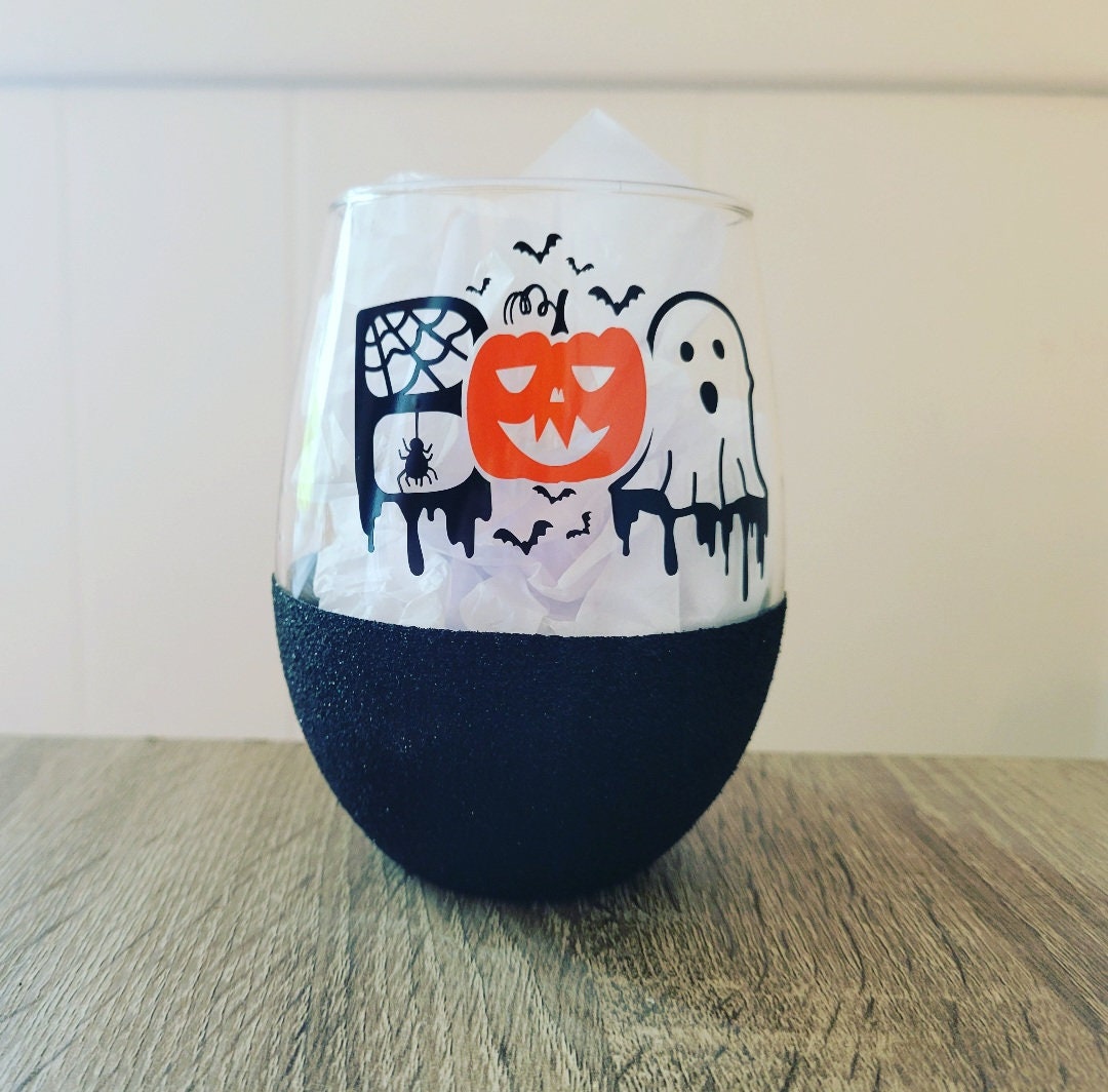 Boo Wine Glass- Halloween Wine Glass- Stemless Glitter Wine Glass- Wine ...