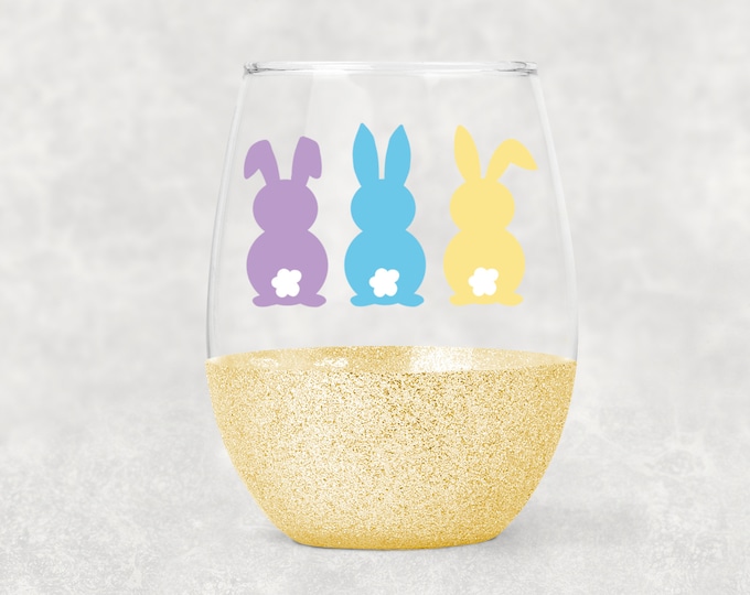 Easter Bunnies Wine Glass- Glitter Wine Glass- Easter Wine Glass ...