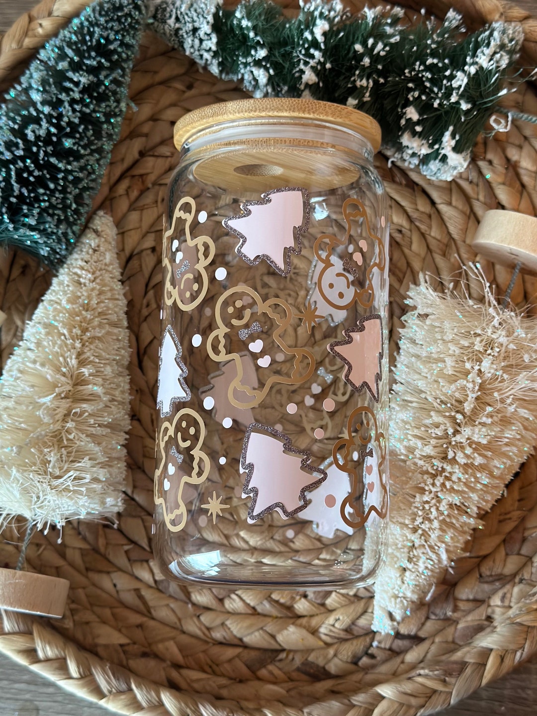 Pink Gingerbread Glass Can- Coffee Glass- Iced Coffee Glass- Holiday ...