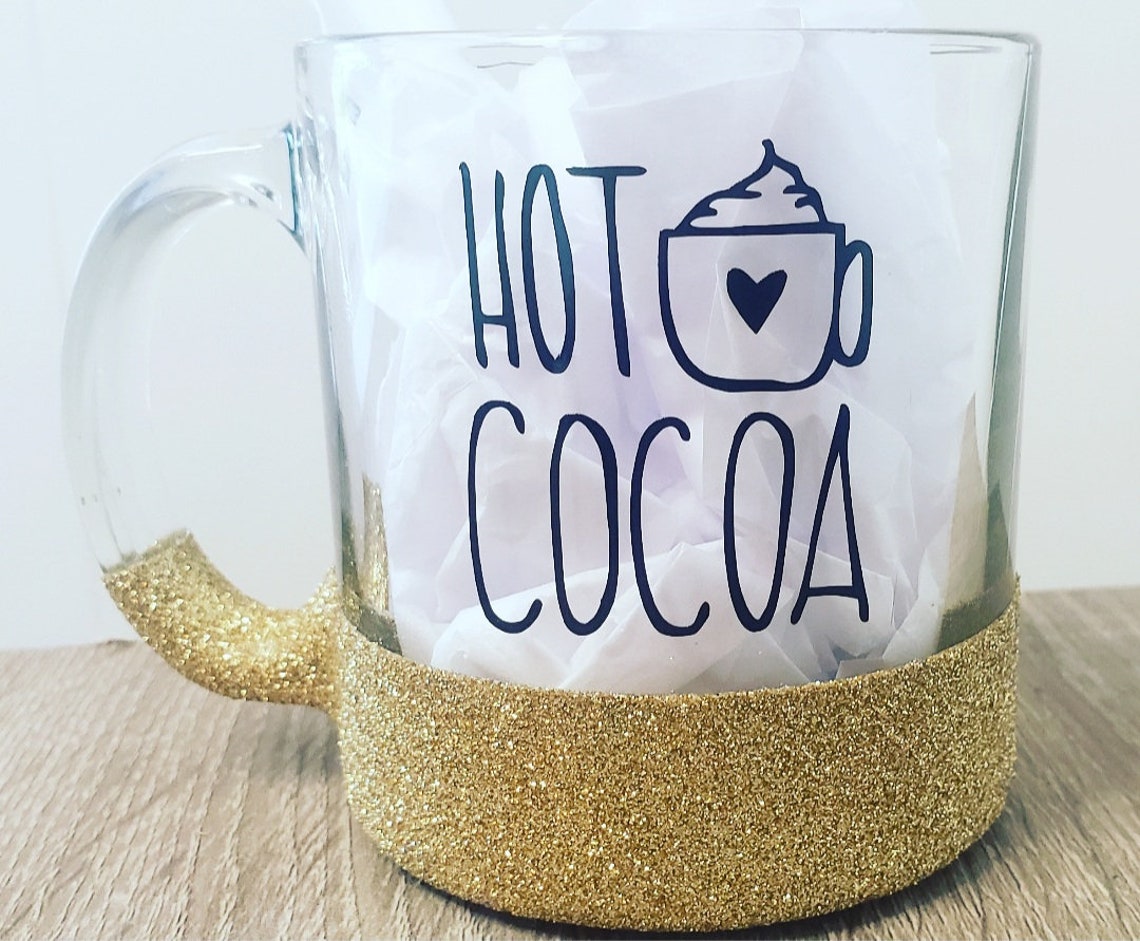Hot Cocoa Mug Glass Mug Coffee Mug Glitter Mug Fall Mug | Etsy