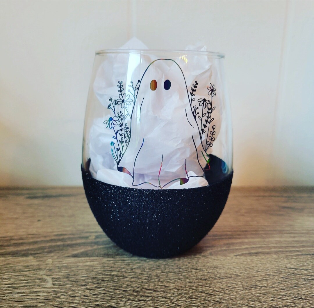 Ghost With Wildflowers Wine Glass- Glitter Dipped Wine Glass- Ghost ...