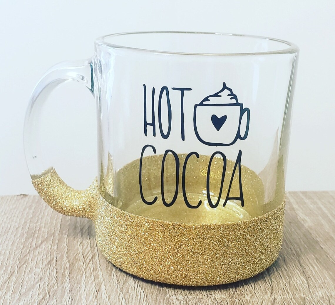 Hot Cocoa Mug Glass Mug Coffee Mug Glitter Mug Fall Mug | Etsy