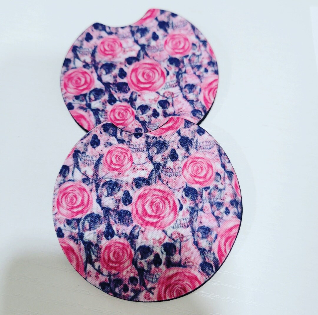 Skulls & Roses Car Coaster Set of 2 Neoprene Car Coaster Skull Car ...