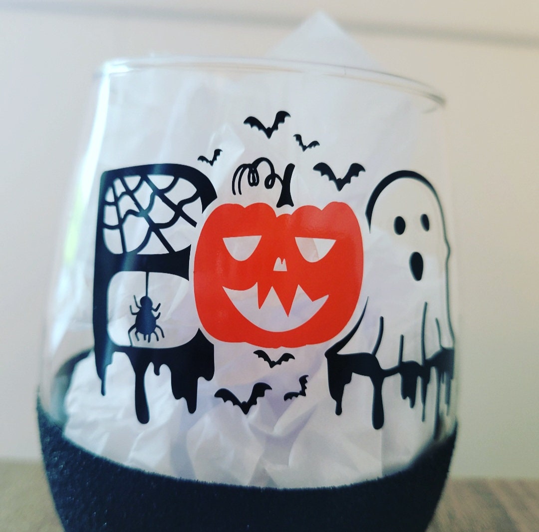 Boo Wine Glass- Halloween Wine Glass- Stemless Glitter Wine Glass- Wine ...