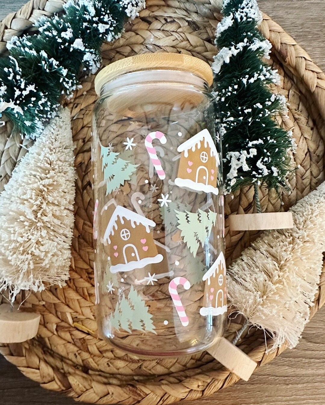 Pink Gingerbread House Glass Can- Coffee Glass- Iced Coffee Glass ...