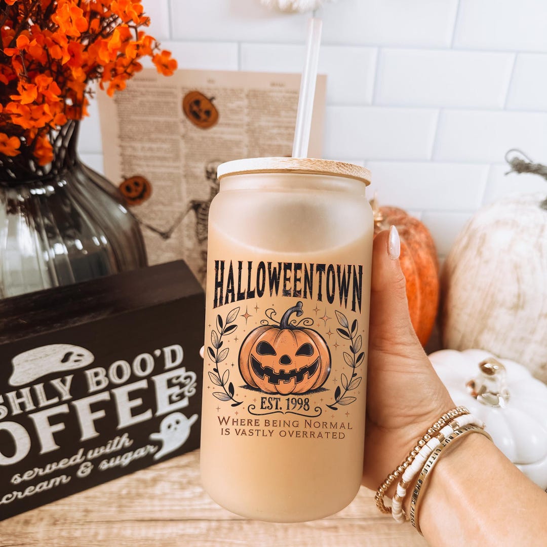 Halloween Town Frosted Glass Tumbler- Halloween Tumbler- Bamboo Lid ...