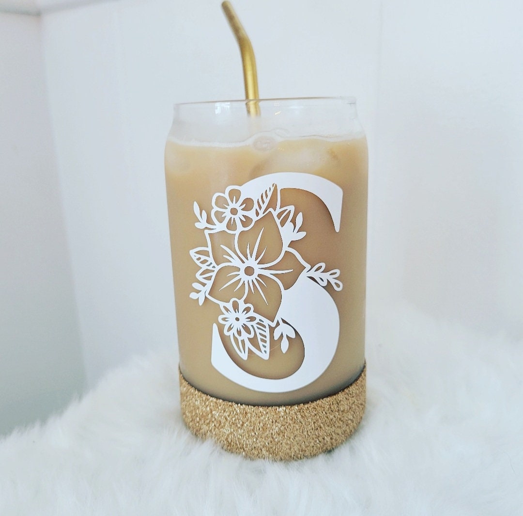Floral Initial Beer Can Glass Coffee Glass Iced Coffee Glass Custom ...