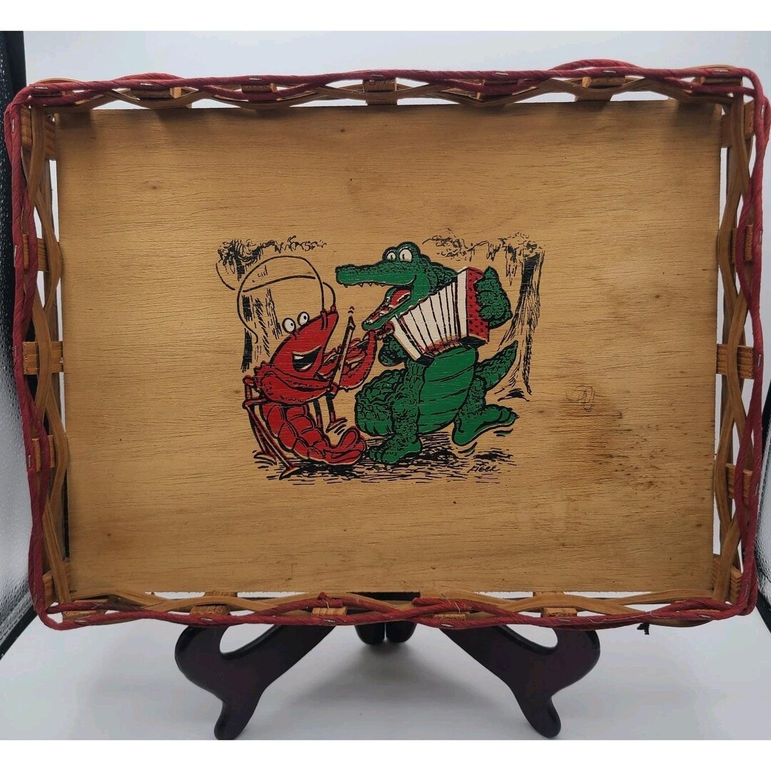 Vtg Handmade Cajun Crawfish Alligator Tray Louisiana Bamboo Cording 16 ...