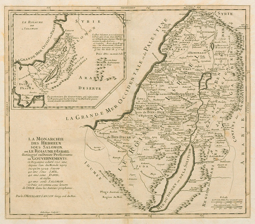KINGDOM of Israel Old Map King Solomon -moullart-sanson 1730 Arabian ...