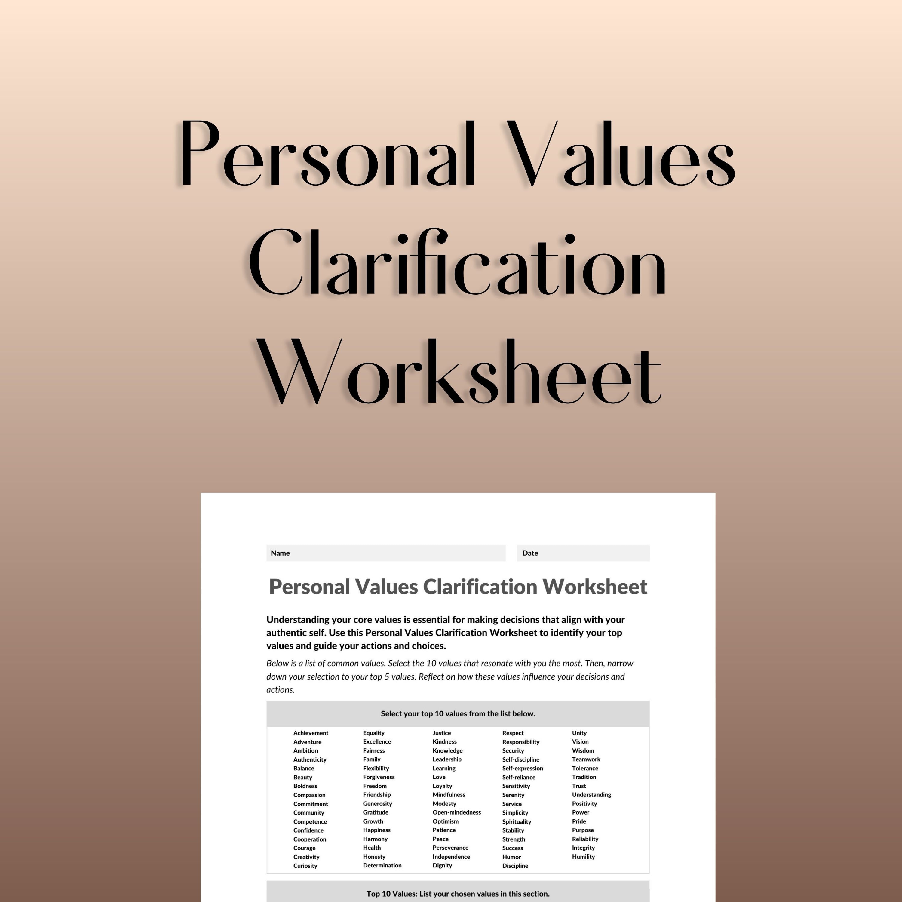 Personal Values Clarification Worksheet Etsy