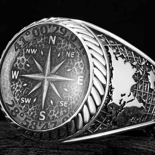 925 Sterling Silver Mens Ring Compass Engraved Men Silver Ring - Etsy