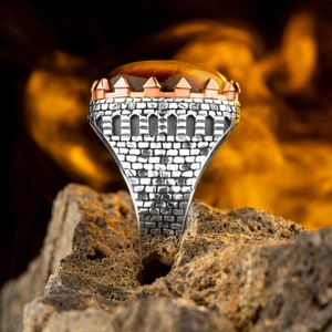 Ancient Castle Design Men Silver Ring, Brown Cabochon Gemstone Ring ...