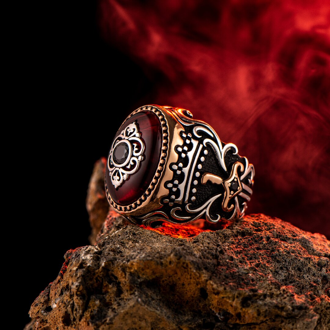 Oval Red Stone Ring Sterling Silver Band Turkish Handmade - Etsy