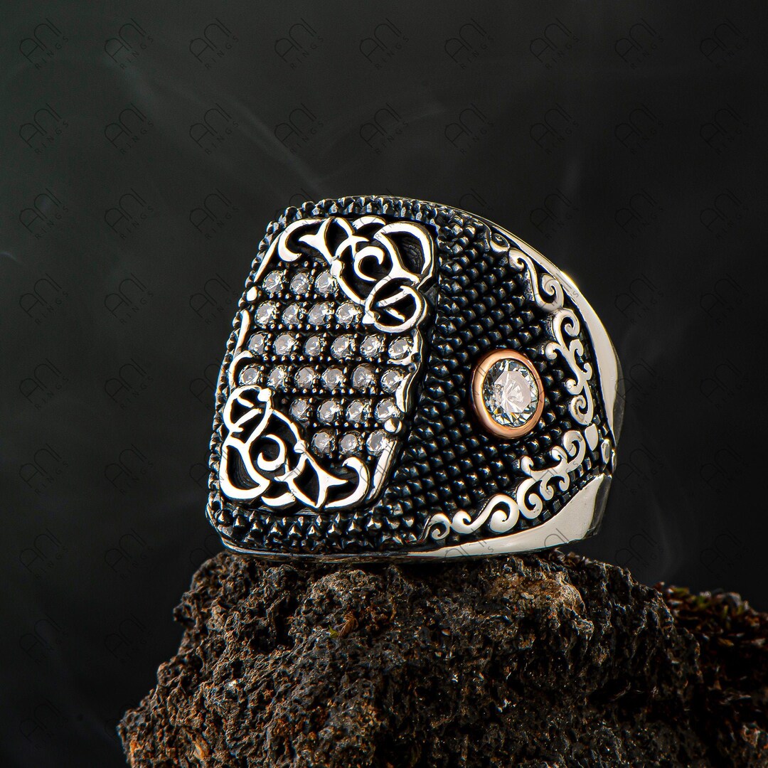 Clear Zircon Gemstone Silver Men Ring, Handcrafted Engraved 925 Silver ...