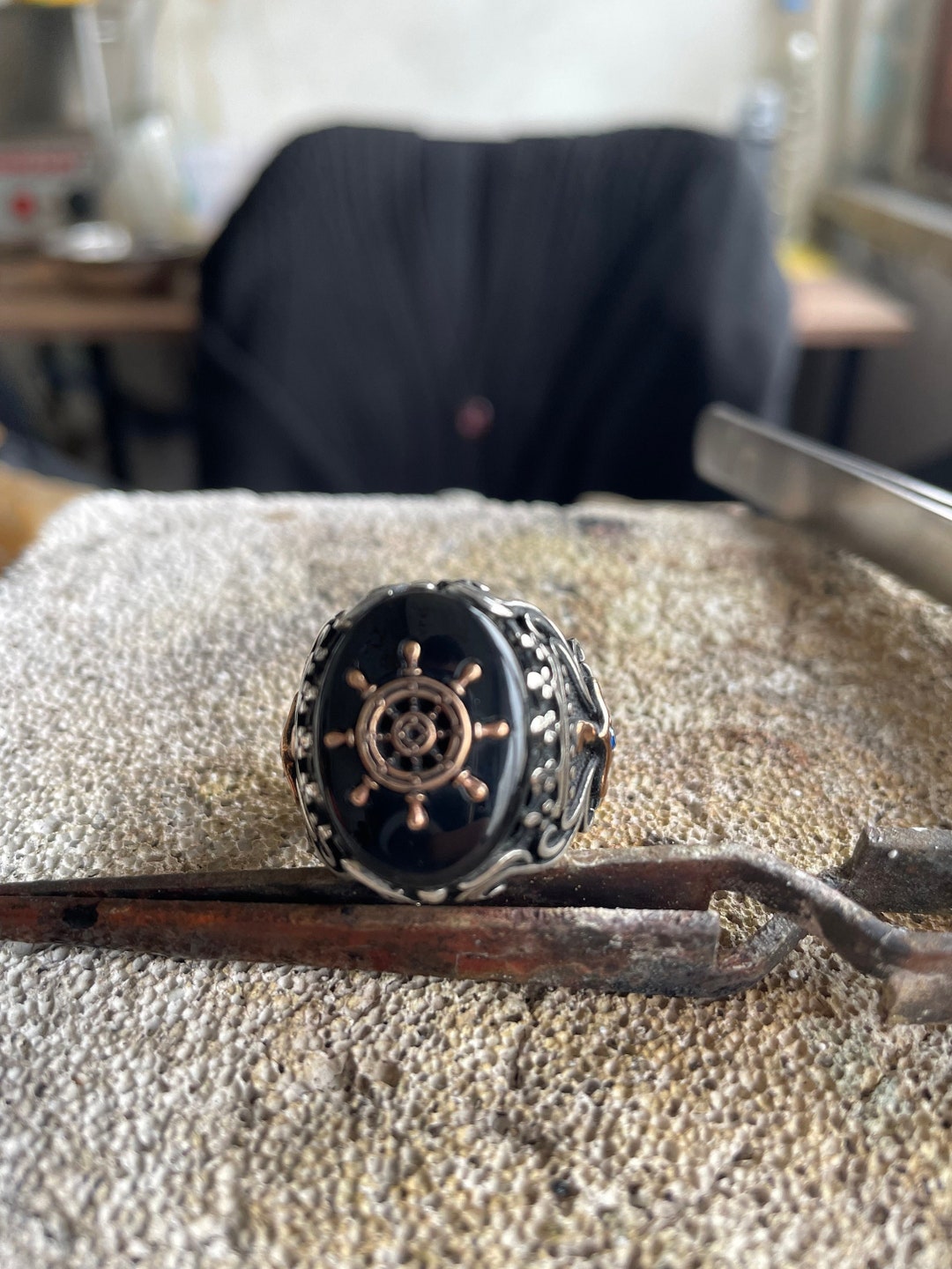 Silver Ship Helm Ring With Bronze Details, Black Onyx Ring, 925 ...