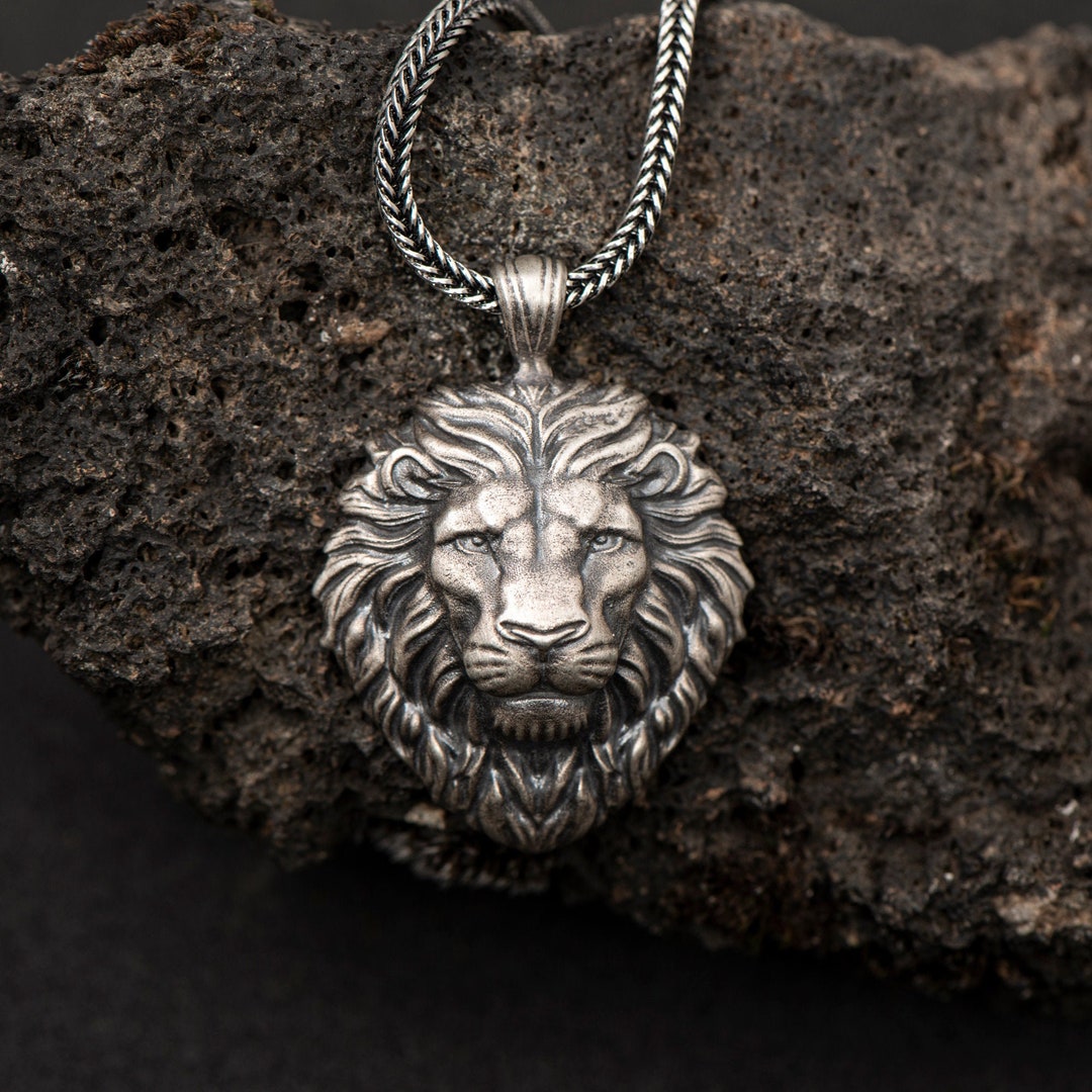 Silver Lion Necklace, 925 Sterling Silver Lion Head Men Pendant ...