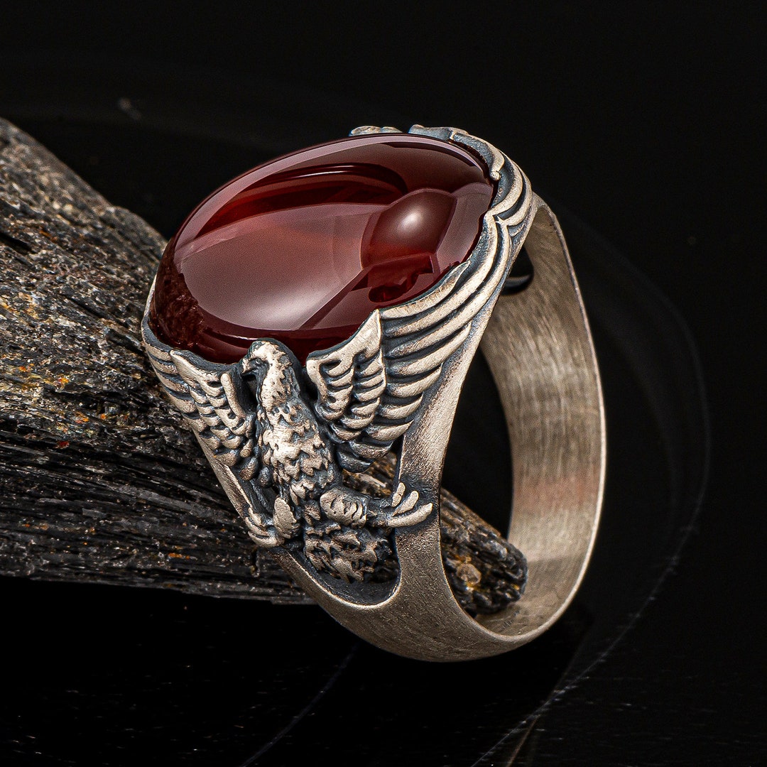 Silver Eagle Ring, Red Agate Men Ring, Oxidized Eagle Ring, 925 ...