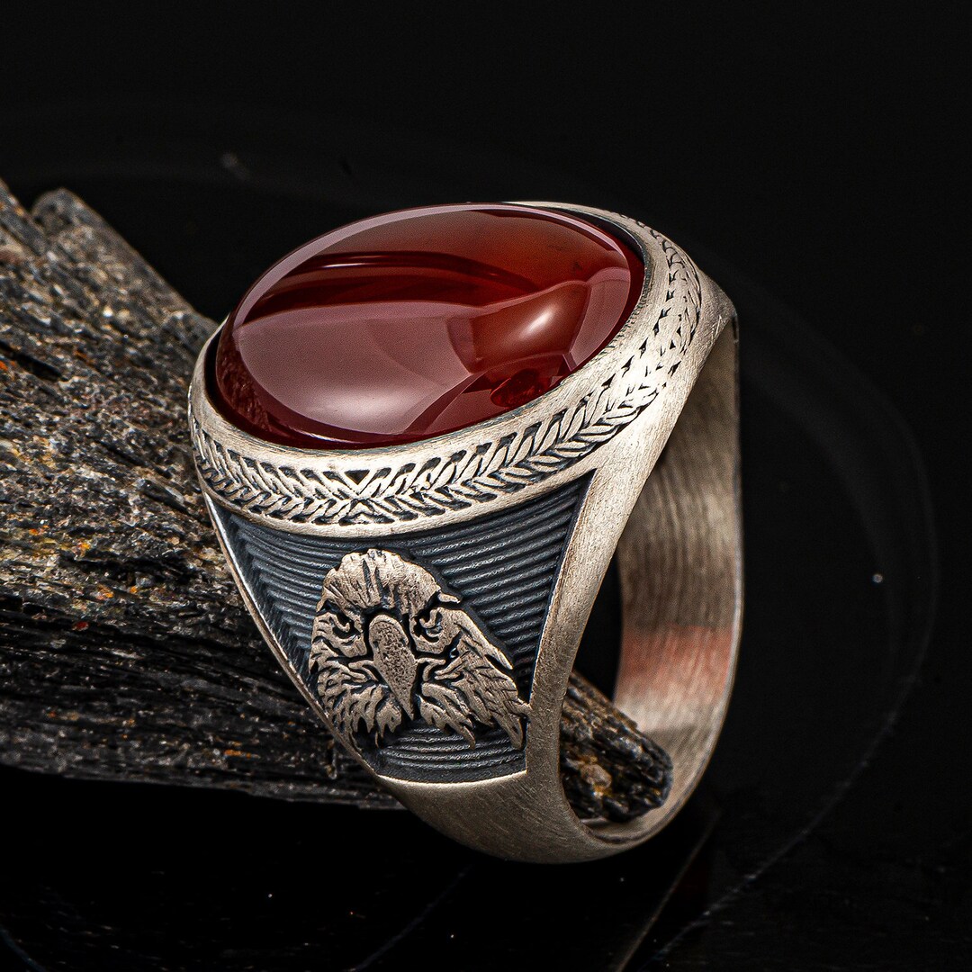 Wild Eagle Men Ring, 925 Sterling Silver Ring, Red Agate Gemstone Ring ...