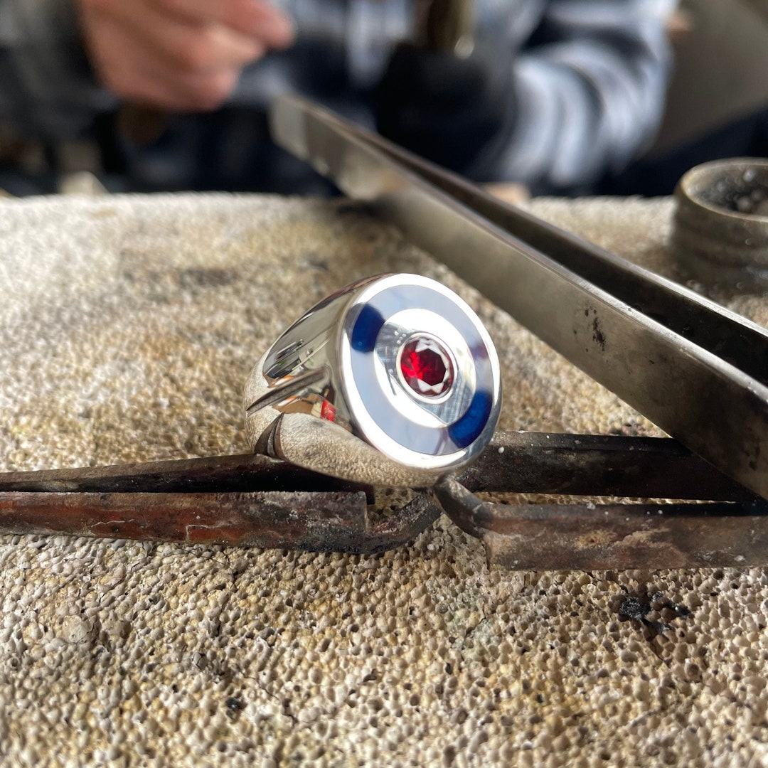 Archery Target Board Design Silver Ring, Red Zircon and Blue Enamel Men ...