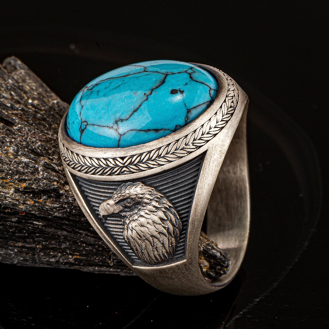 Mens Eagle Ring, Oval Turquoise Men Ring, American Eagle Head Ring, 925 ...