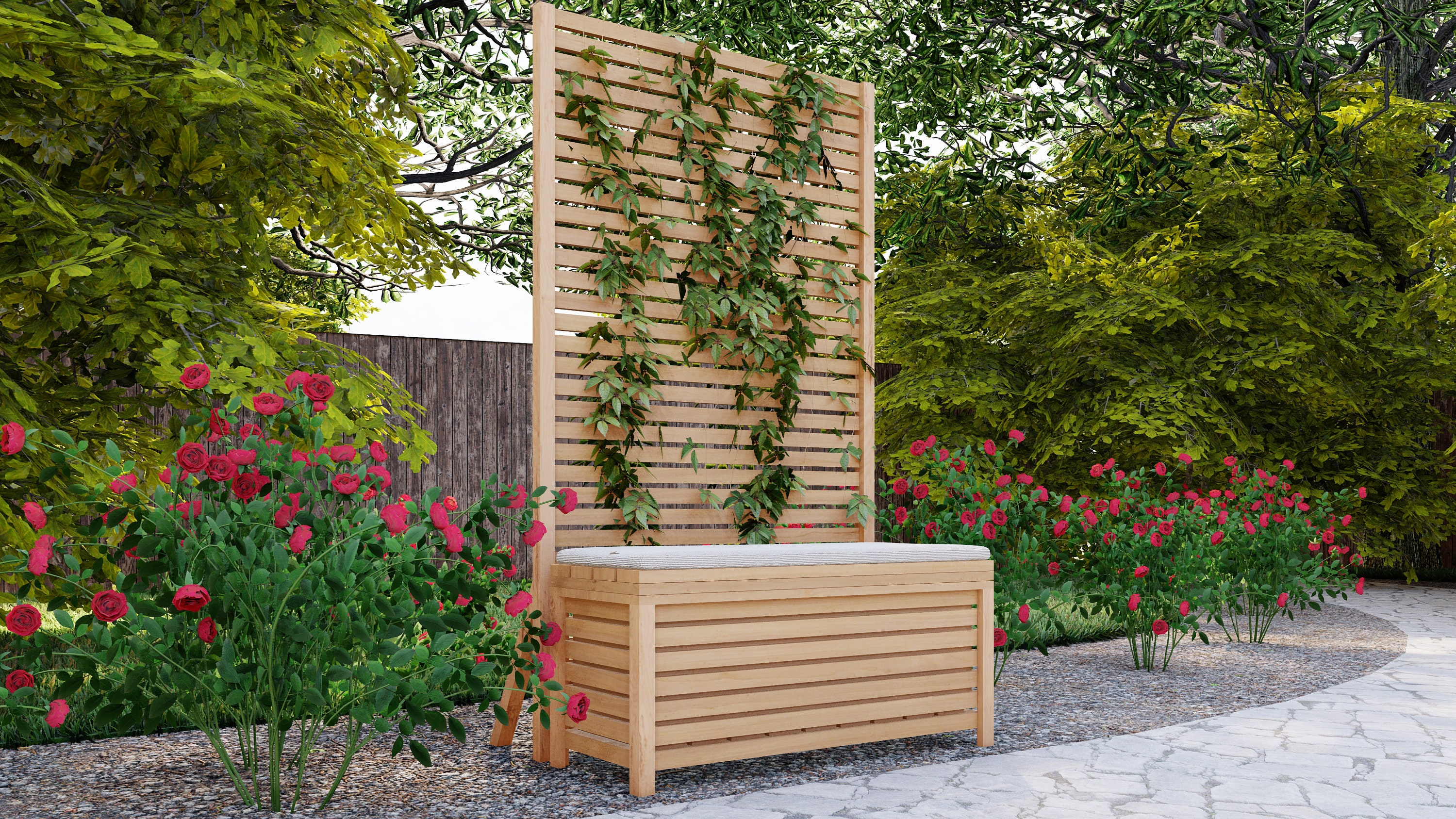 Wooden garden bench with trellis store