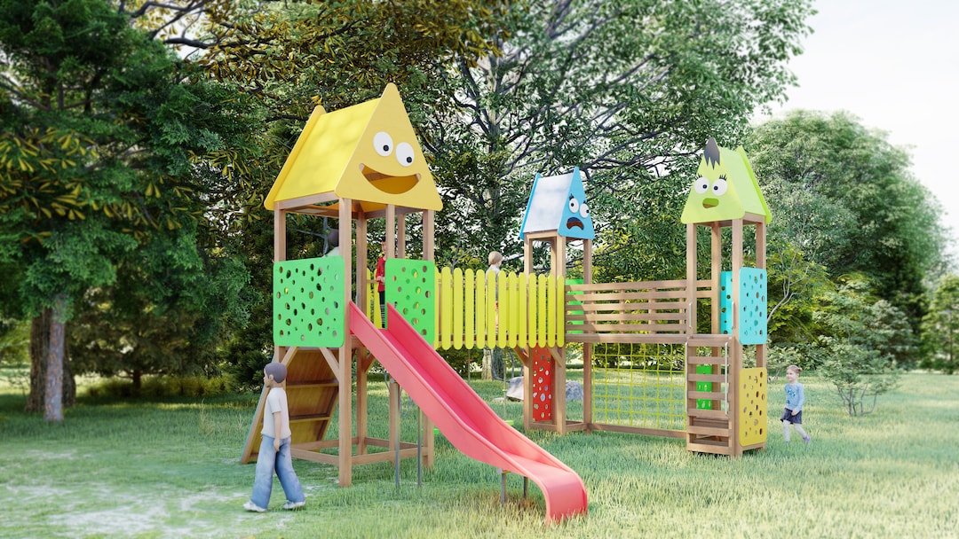 Playhouse Plans, Happy Triangles Playhouse With Slide, Swings, and ...