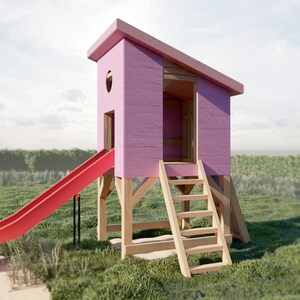 Fun Playhouse With Slide, Ladder & Climbing Wall - Tilted Roof Design ...