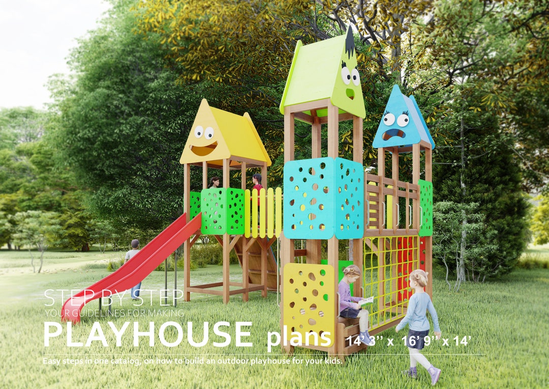 Playhouse Plans, Happy Triangles Playhouse With Slide, Swings, and ...