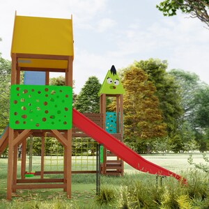 Playhouse Plans, Happy Triangles Playhouse With Slide, Swings, and ...