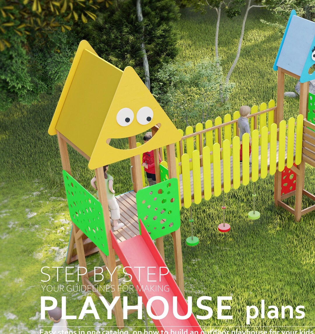 Playhouse Plans, Happy Triangles Playhouse With Slide, Swings, and ...