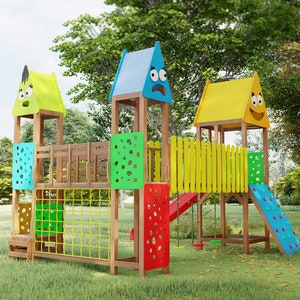 Playhouse Plans, Happy Triangles Playhouse With Slide, Swings, and ...