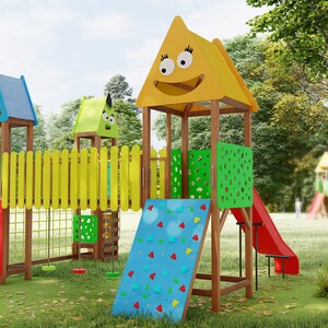 Playhouse Plans - Happy Triangles Playhouse - Slide, Swings & Climbing ...