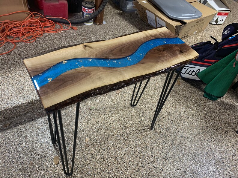 Walnut Live Edge Entryway Table W/ Gold Leaf Resin River - Etsy