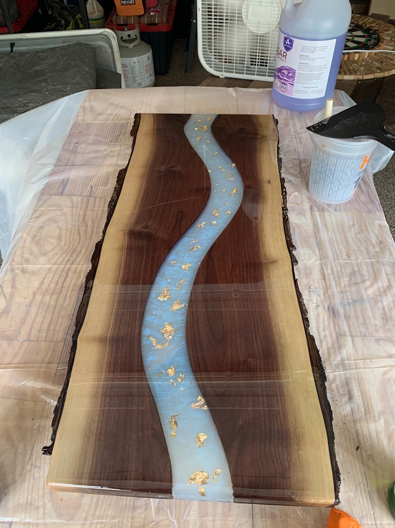 Walnut Live Edge Entryway Table W/ Gold Leaf Resin River | Etsy