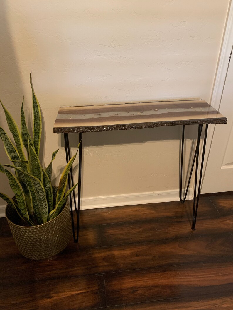Walnut Live Edge Entryway Table W/ Gold Leaf Resin River | Etsy