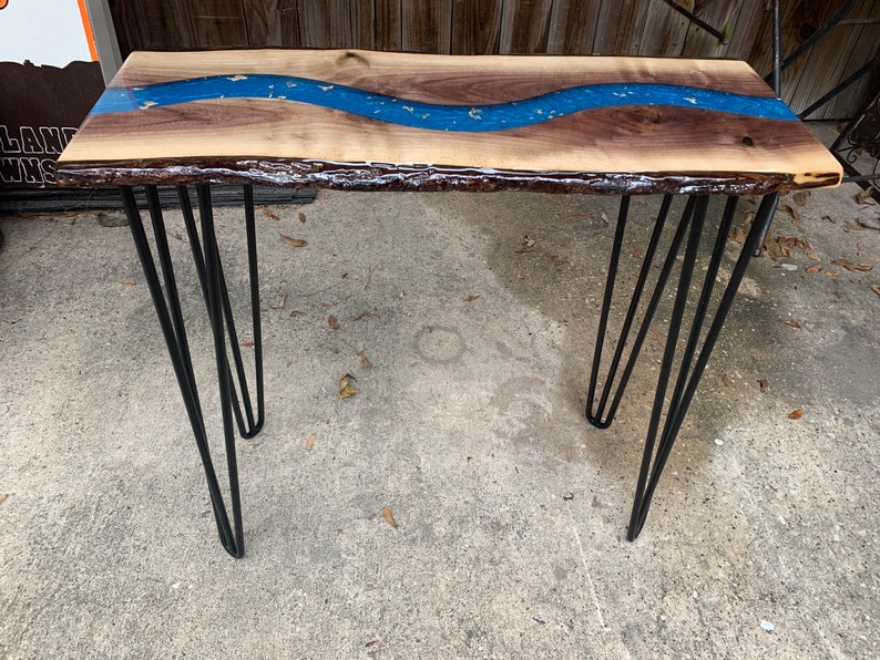 Walnut Live Edge Entryway Table W/ Gold Leaf Resin River - Etsy