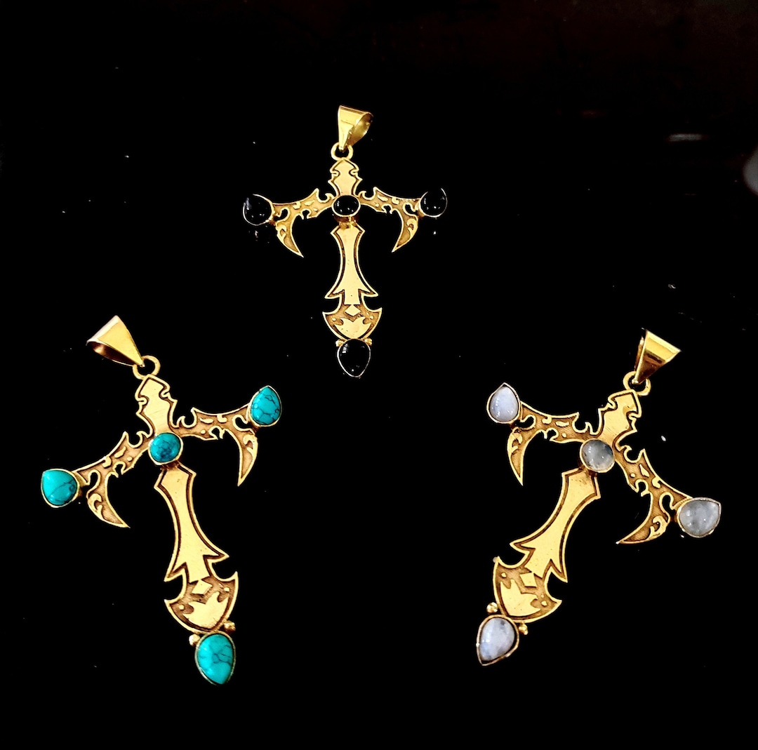 Medieval Gothic Gold Cross Pendant With Stones - Etsy