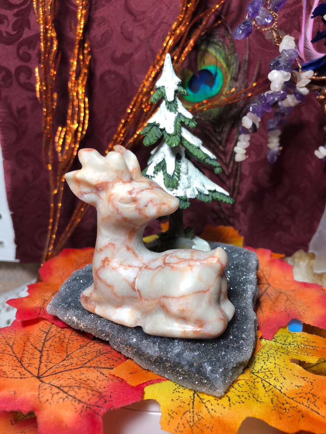 Cute Crystal World W/red Vein Jasper Deer, & Ceramic Fir Tree. Set on a ...