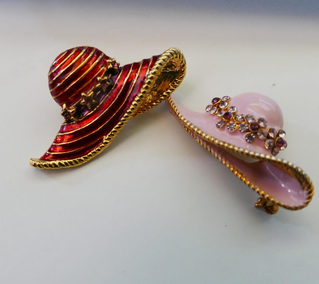Two Vintage Rhinestone Jeweled and Enameled Red Hat Society Pins, Pair ...