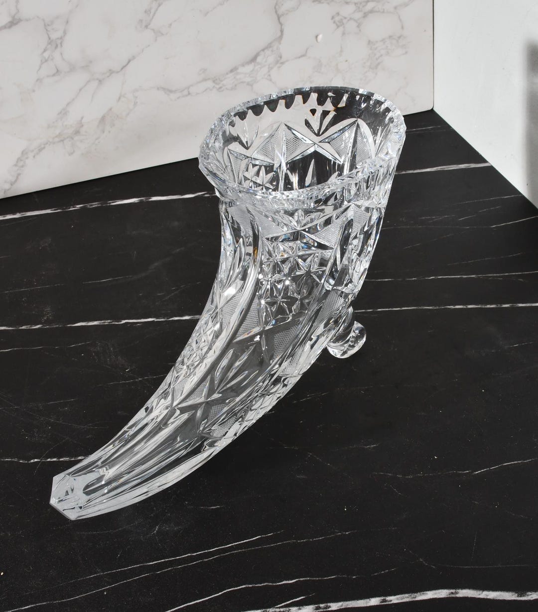 Large 11" Crystal Cut Glass Lead Crystal Cornucopia, Horn of Plenty ...