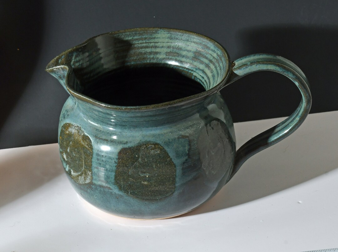 Vintage Pottery Pitcher Signed SK Seafoam Blue, Green Blue With Faceted ...