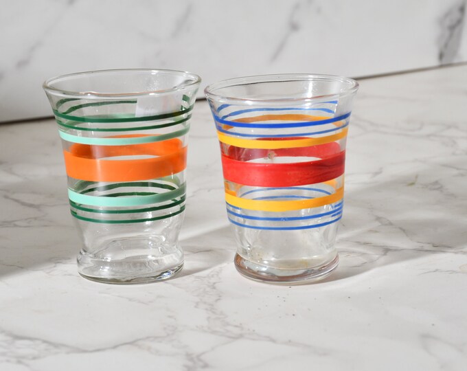 2 Small Libby Striped Juice or Cordial Glasses, Multi Colored Vintage ...