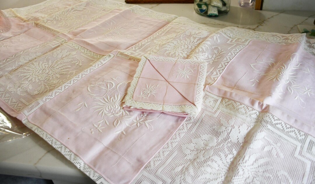 Pink Embroidered Linen Set Table Toppers Napkins Marcela Linen and ...
