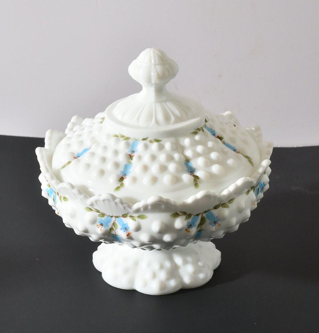 Fenton Blue Bells Hand Painted Hobnail Candy Dish Vintage Delicate 6 ...
