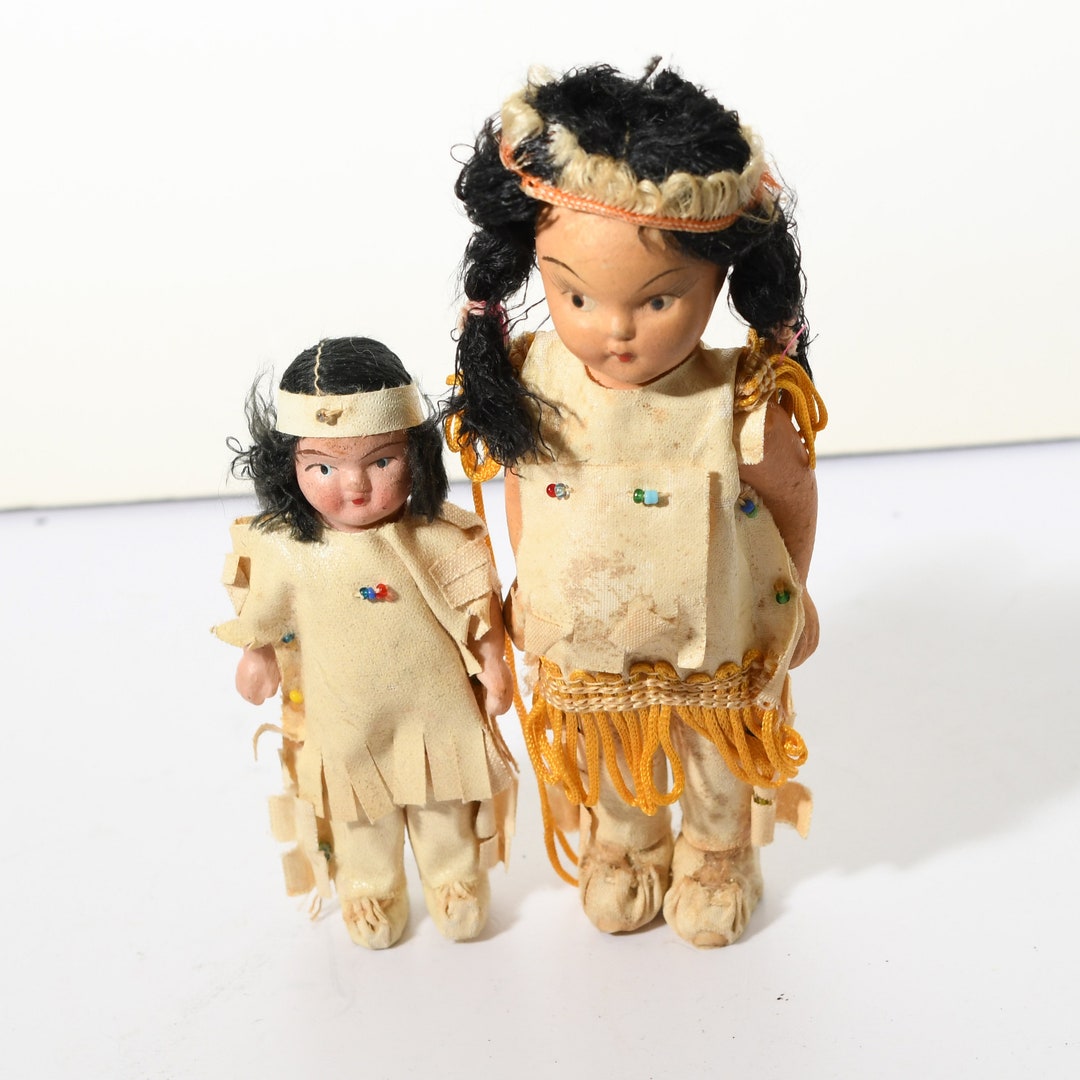 Two Native American Indian Dolls, Clay, Composite or Bisque, 4 Inch and ...