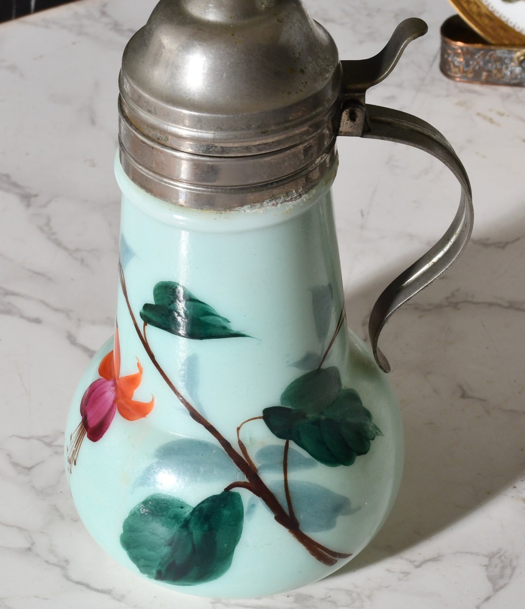 Hand Painted Victorian Vintage Syrup Pitcher Green Over Milk Glass ...