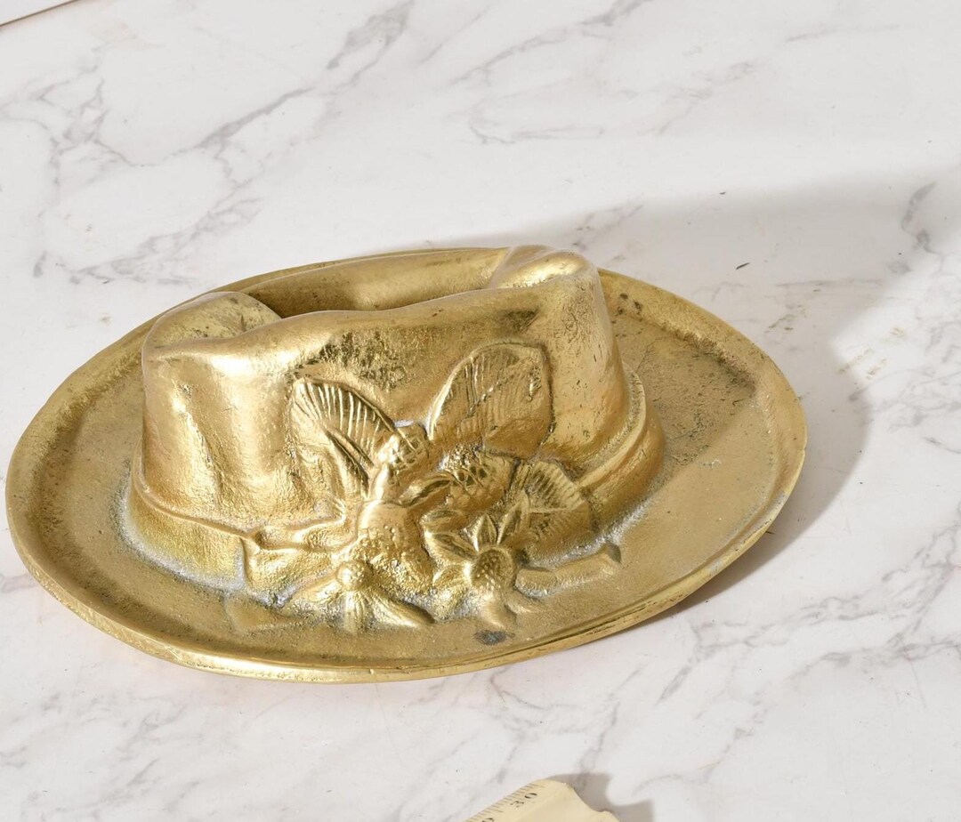 Antique 1950-70 Gilded Bronze Fedora Hat Flowers Ashtray or Paperweight ...