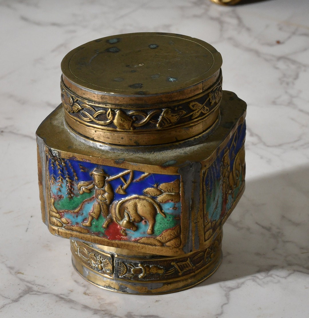 Chinese Brass and Enamel Storage Jar, Tobacco, Opium, Bull and Farmer ...
