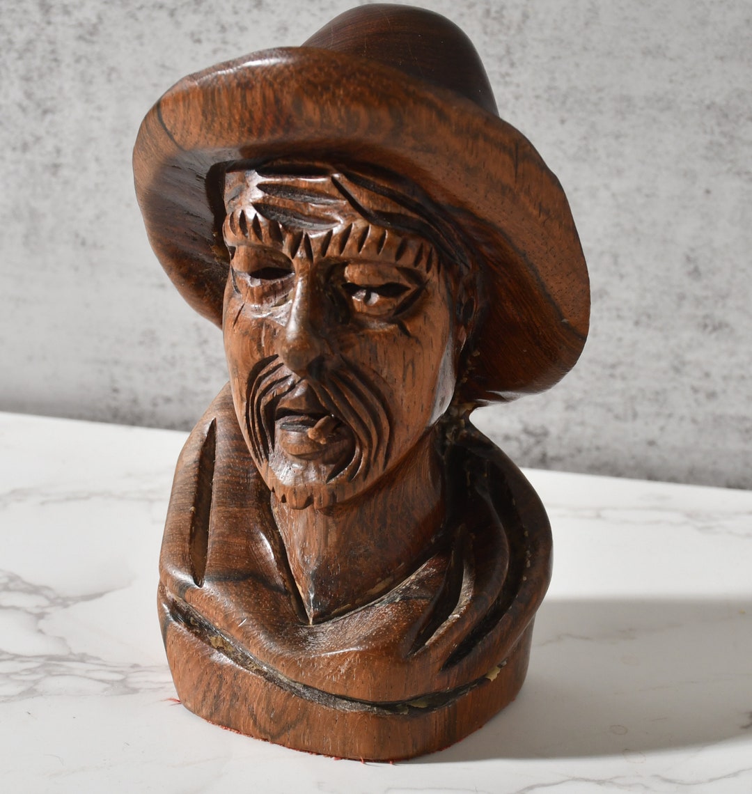 Carved Bust of Cowboy, With Cigar, Wood Carving Folk Art Estate Piece ...